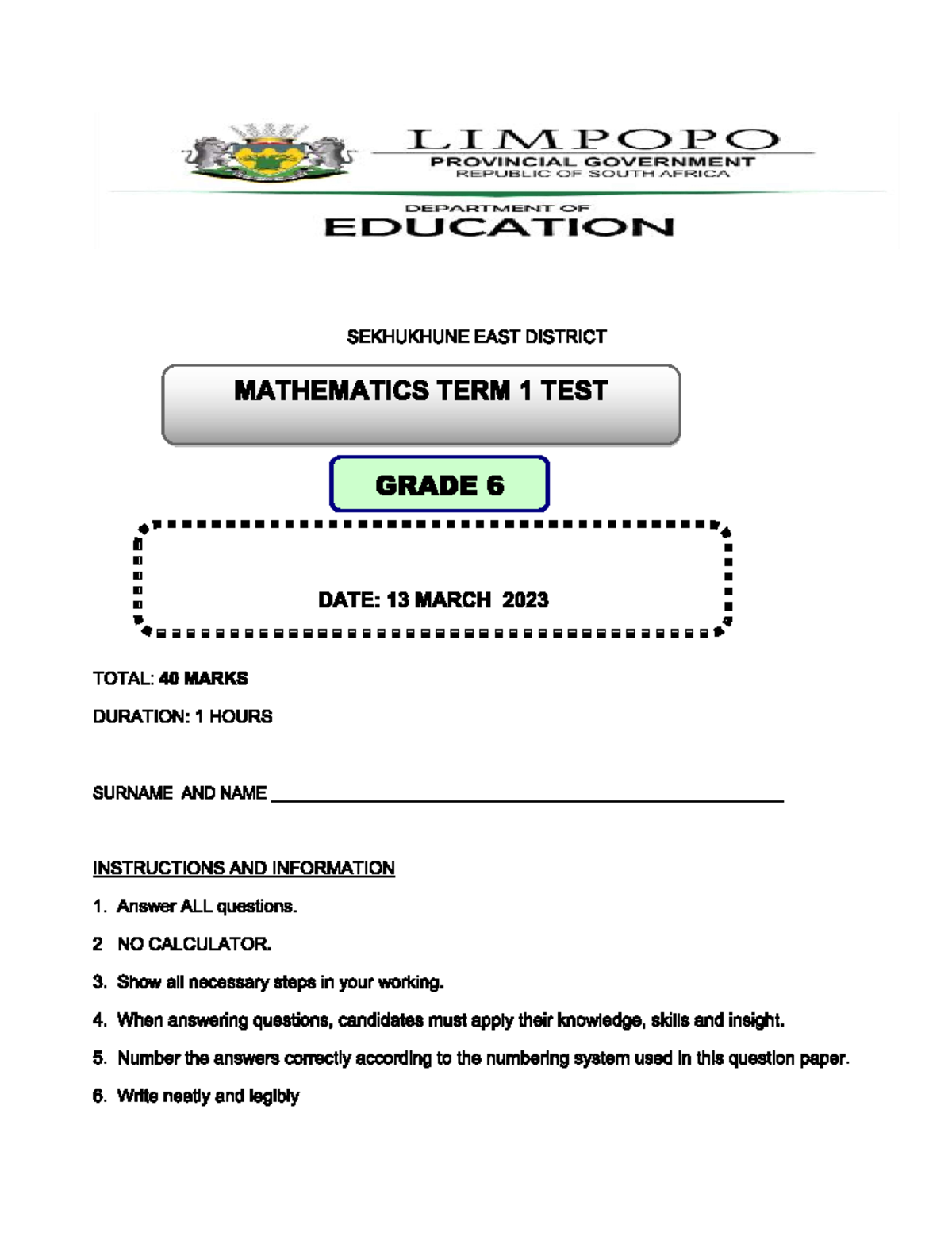 Grade 6 Mathematics Term 1 Test 2023 - Common Task Exam - Studocu