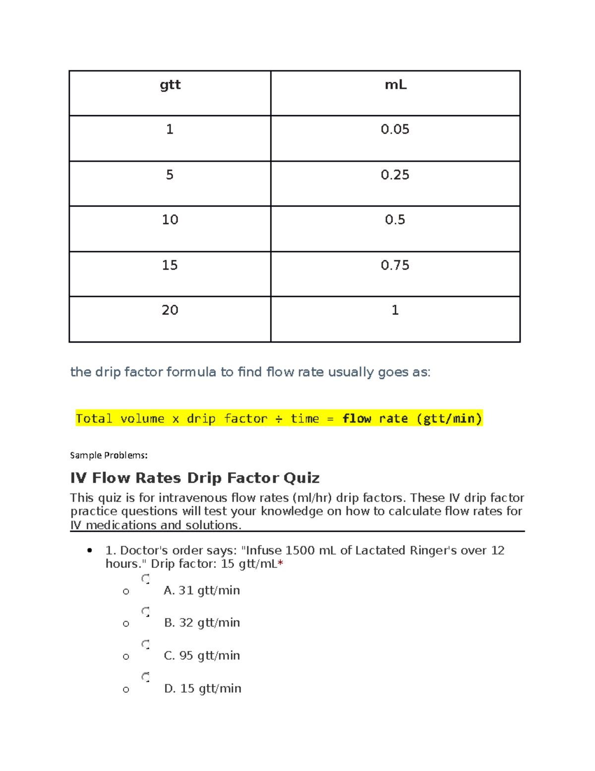 IV Drip Flow Rate Quiz - Practice on Safe Dosage Calculation - Studocu