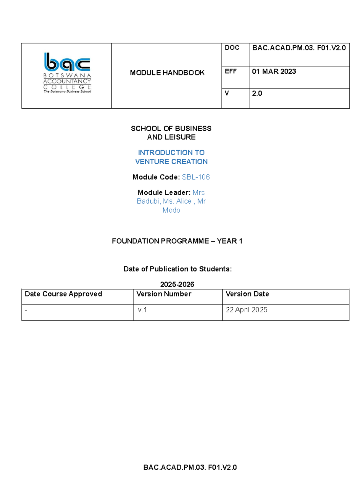 Introduction to Venture Creation - Module Handbook BAC.ACAD.PM.03. F01 ...