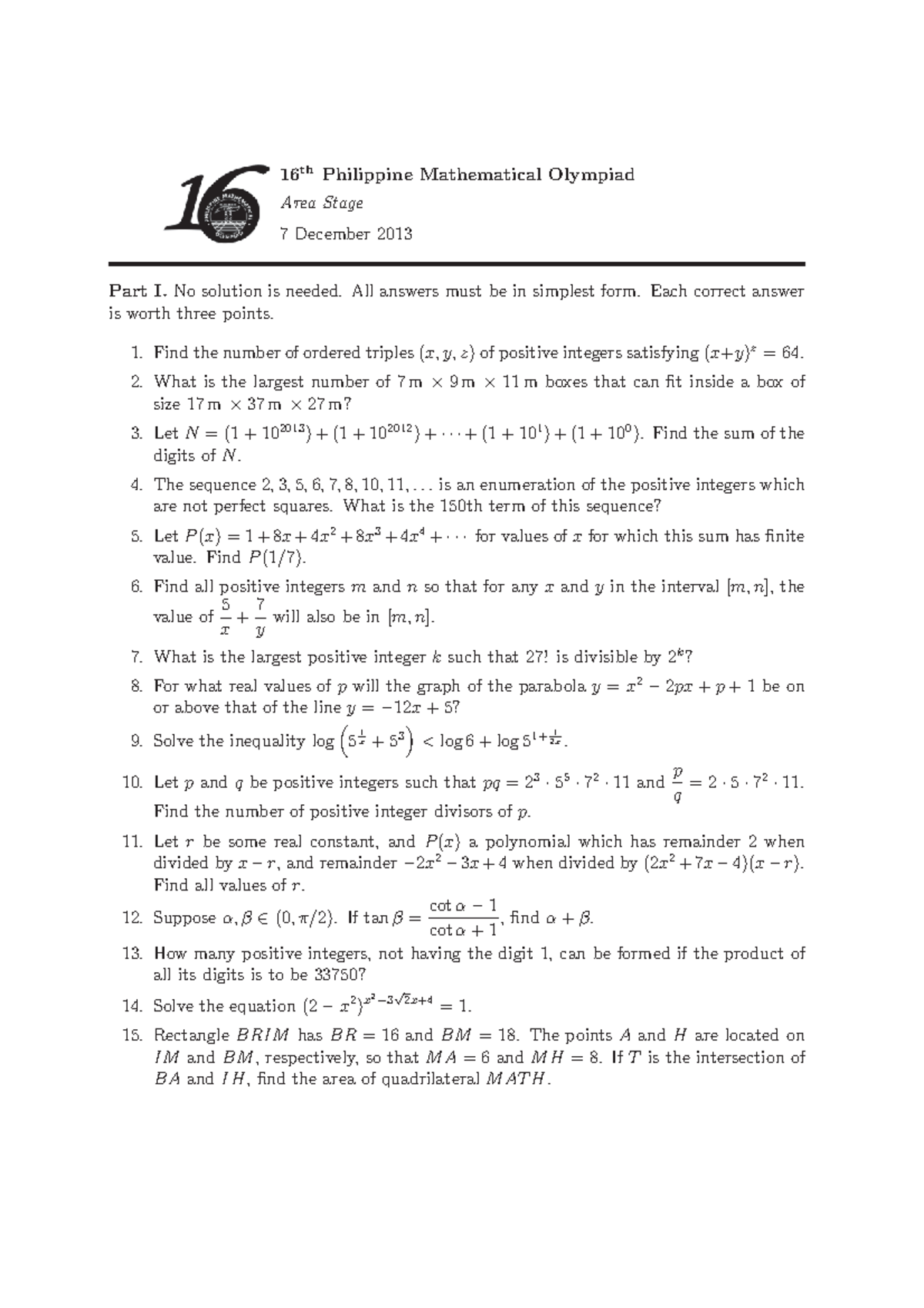 Philippine Math Olympiad 2013 Area Stage Problems - 16th PMO - Studocu