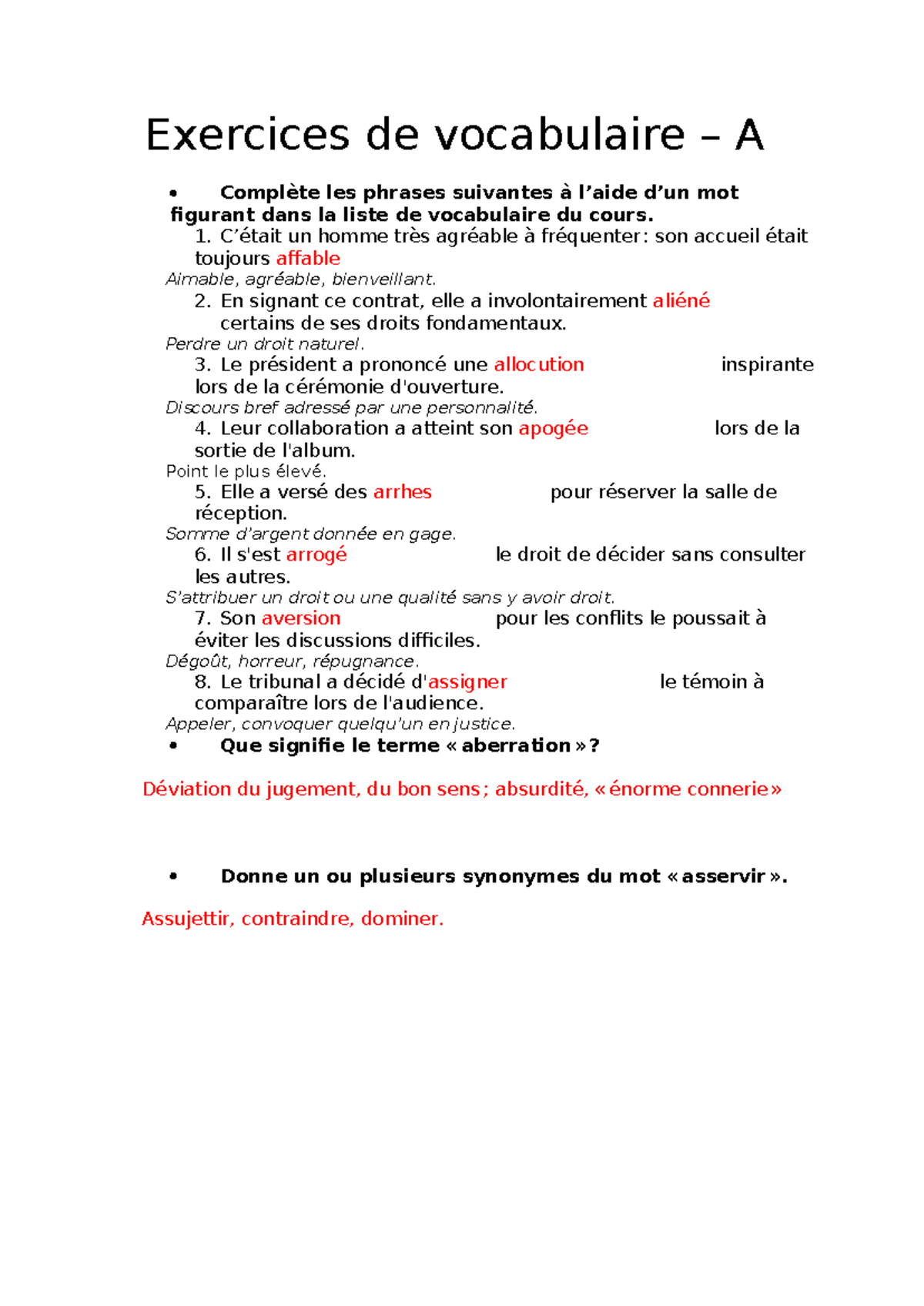 Vocabulaire A - Exercices de Complétion des Phrases - Studocu