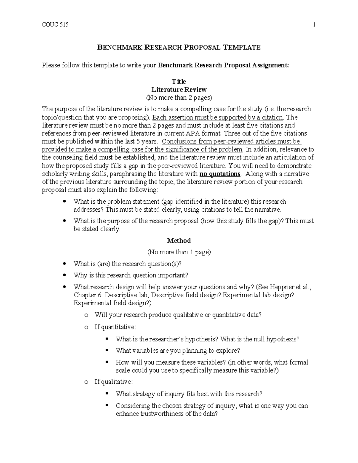 COUC 515 Benchmark Research Proposal Assignment Template - Studocu