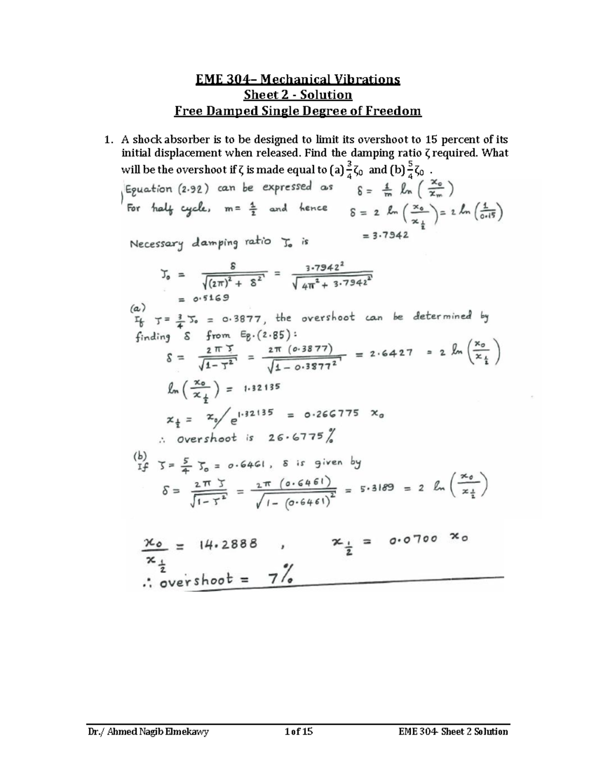 Vibration Sheet-2 Solution - EME 304– Mechanical Vibrations Sheet 2 ...