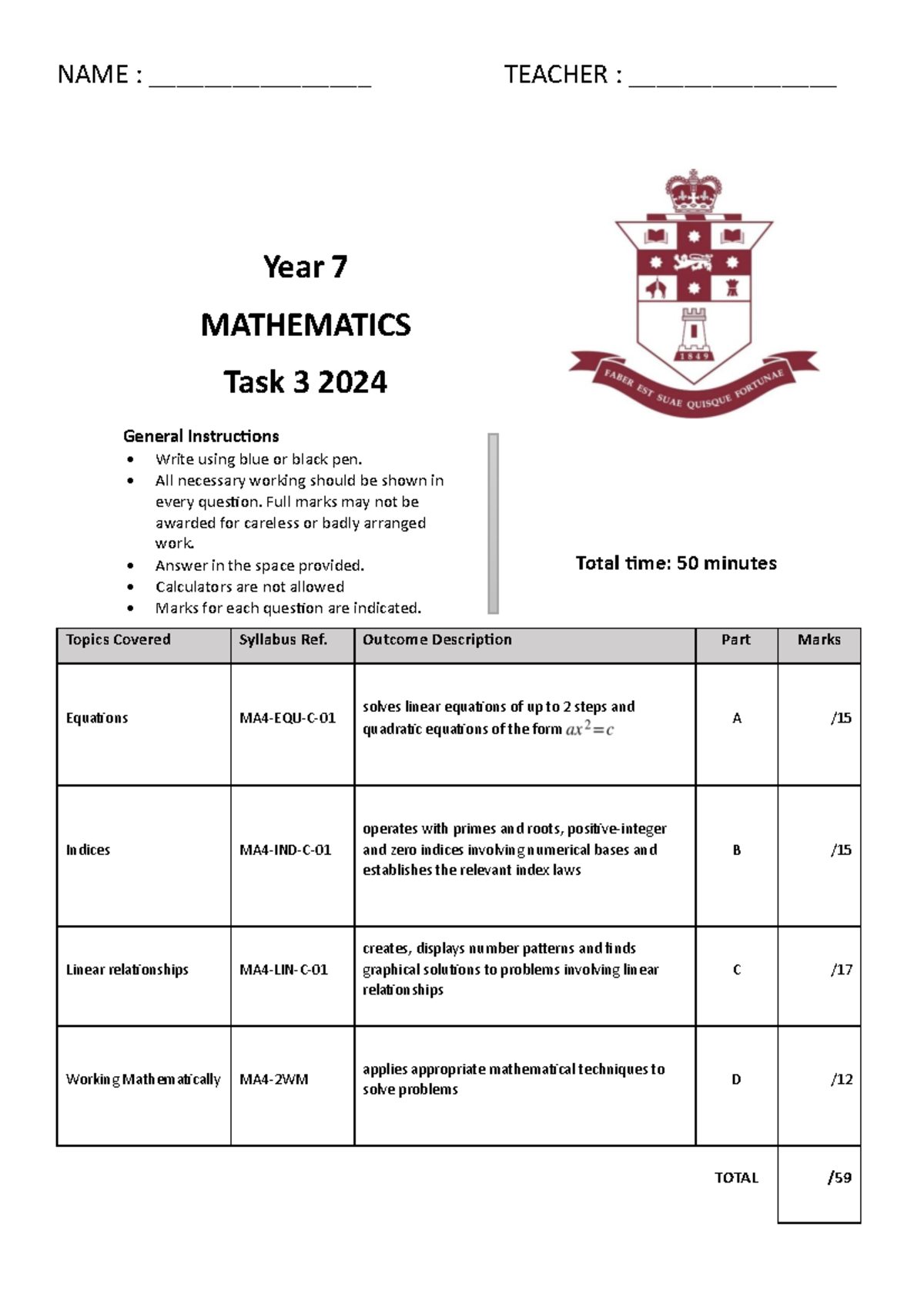 Year 7 Math Common TASK 3 Final 2024 - Equations & Indices Focus - Studocu