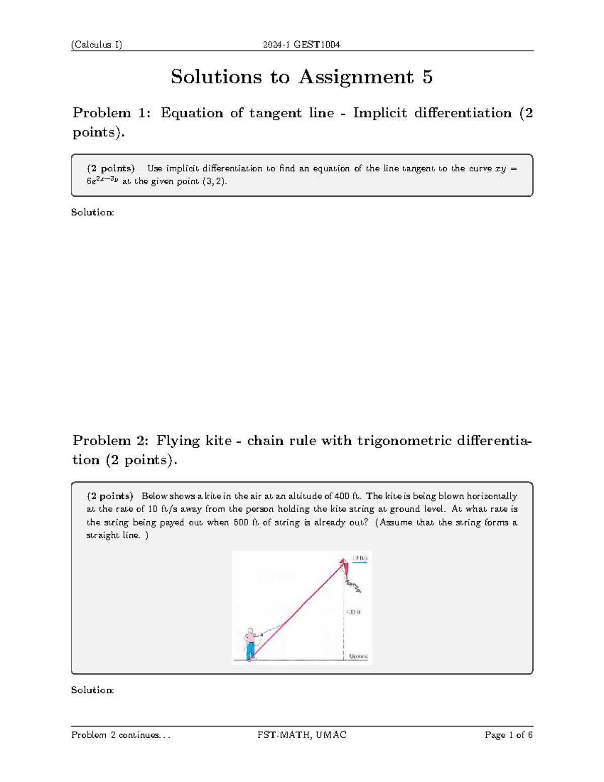 Calculus I GEST1004 Assignment 5 Solutions: Tangent Lines & Rates of ...