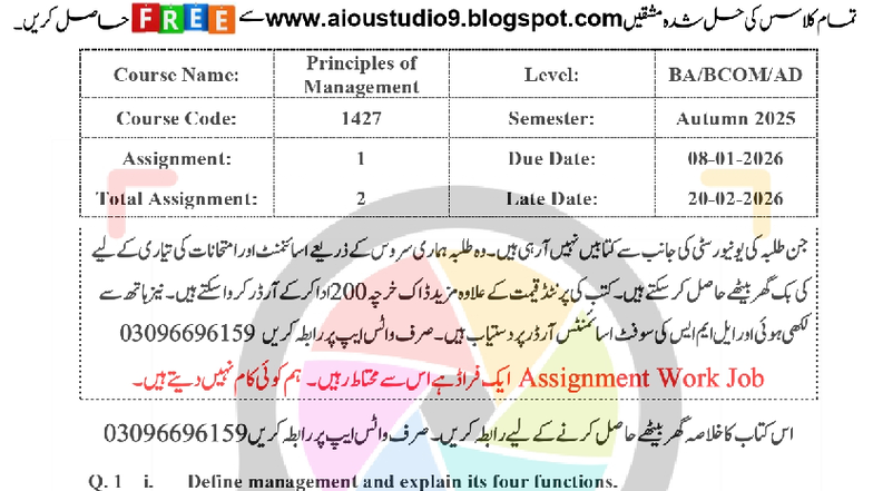 Management Principles and Functions - AIOU 1427 Assignment 1 - Studocu