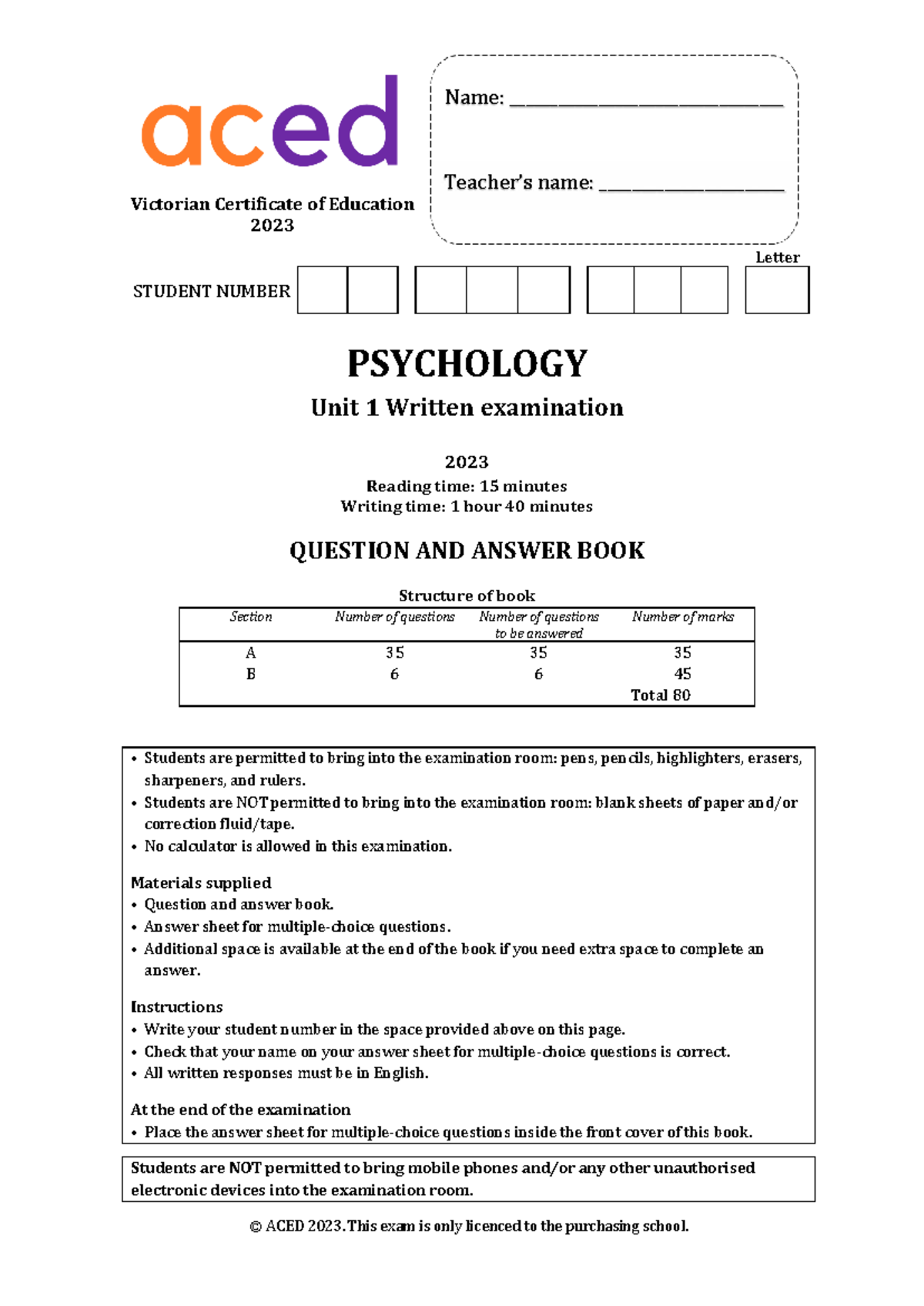 2023 ACED Unit 1 PSYCHOLOGY Written Examination Guide - Studocu