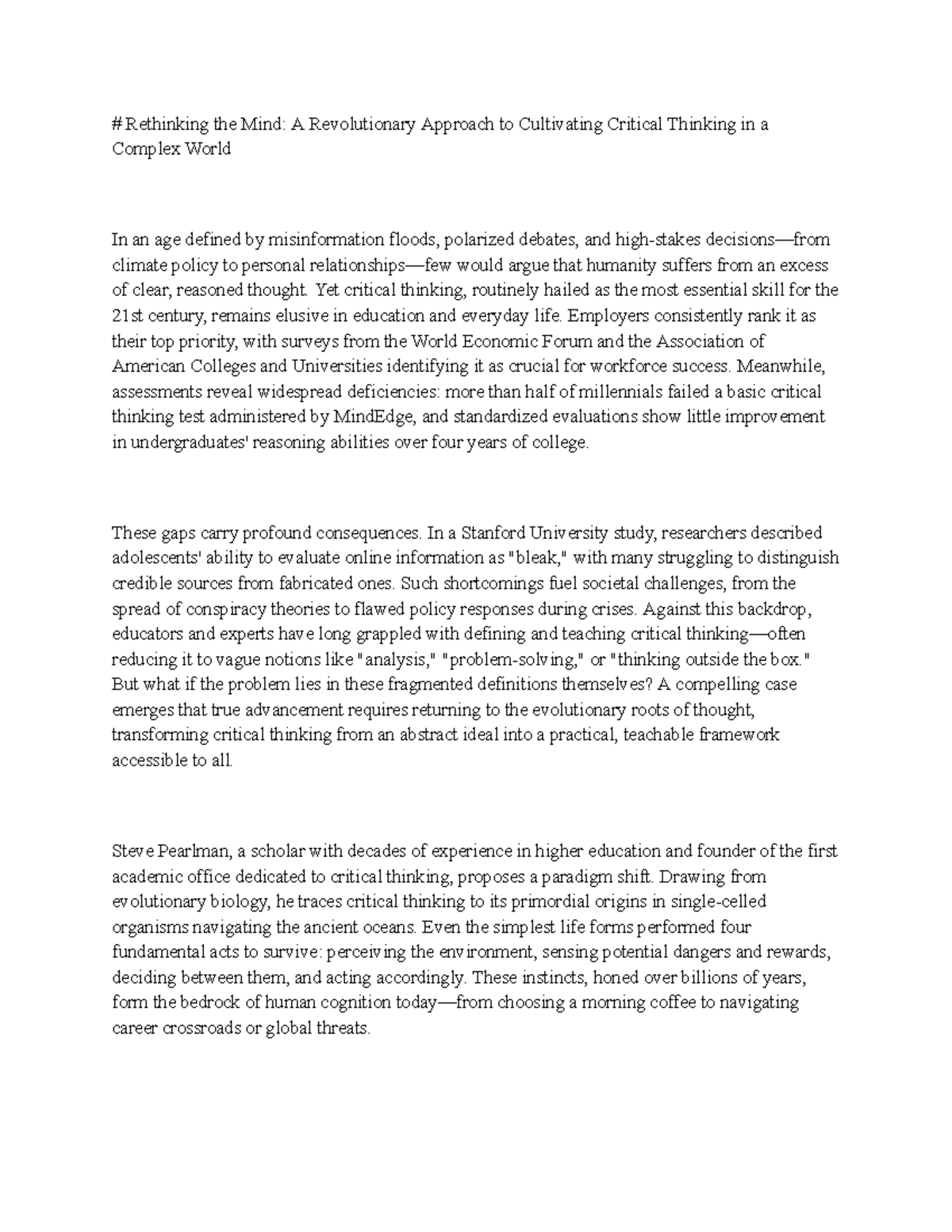 Rethinking Critical Thinking: A New Framework for Education - Studocu