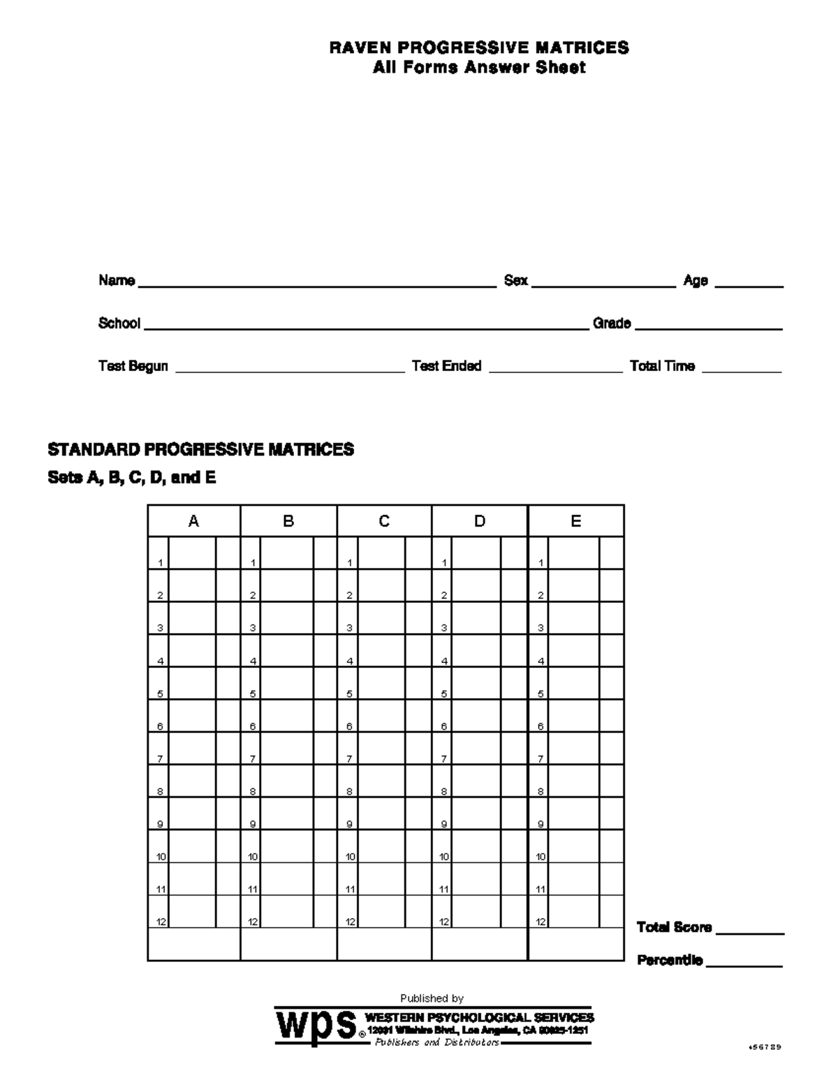 Raven Answer Sheet - Clinical Psychology - Published by Publishers and ...