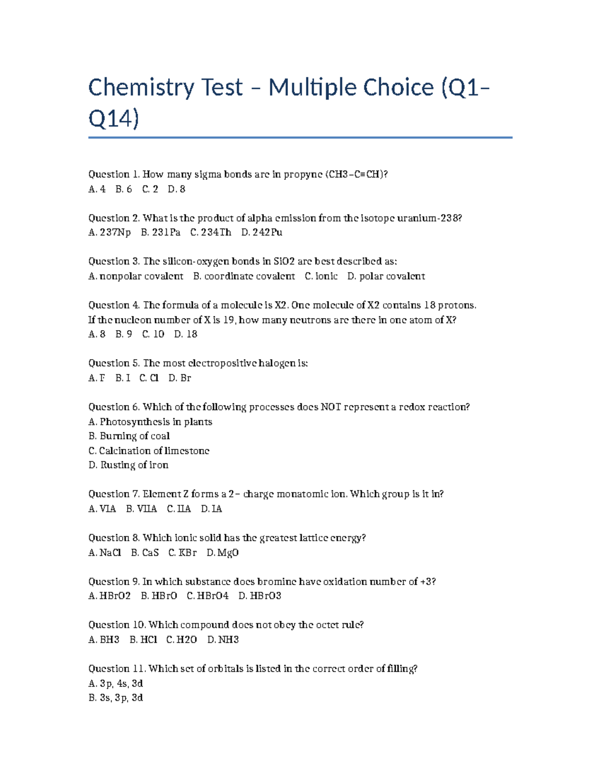Chemistry Test MCQs (Q1-Q14) - Course Code: CHEM101 - Studocu