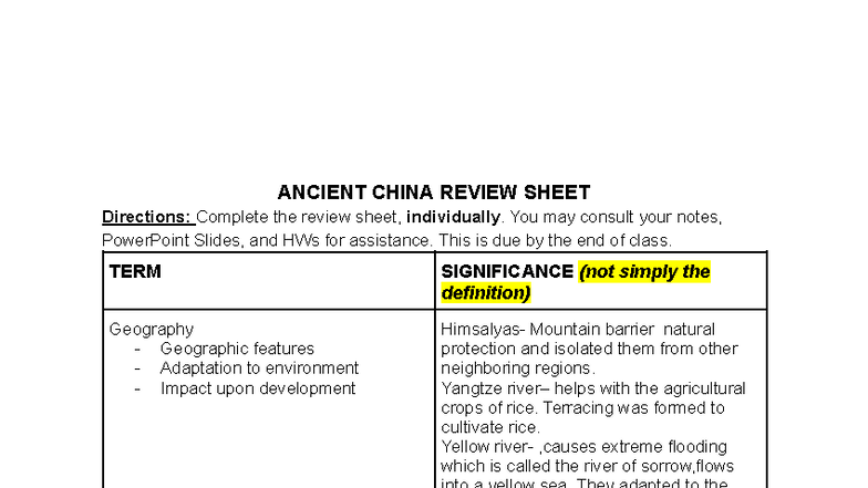 Ancient China Review Sheet: Dynasties, Society & Economy Insights - Studocu