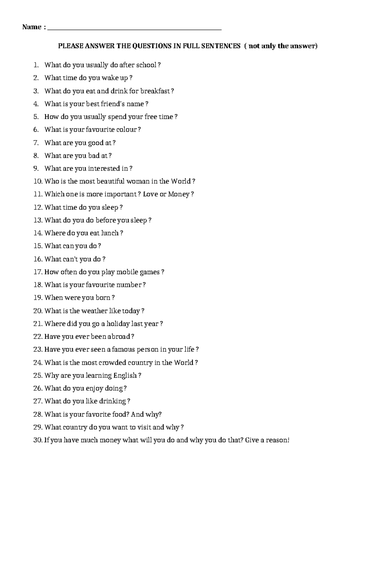 English Club: Full Sentence Response Questions - Studocu