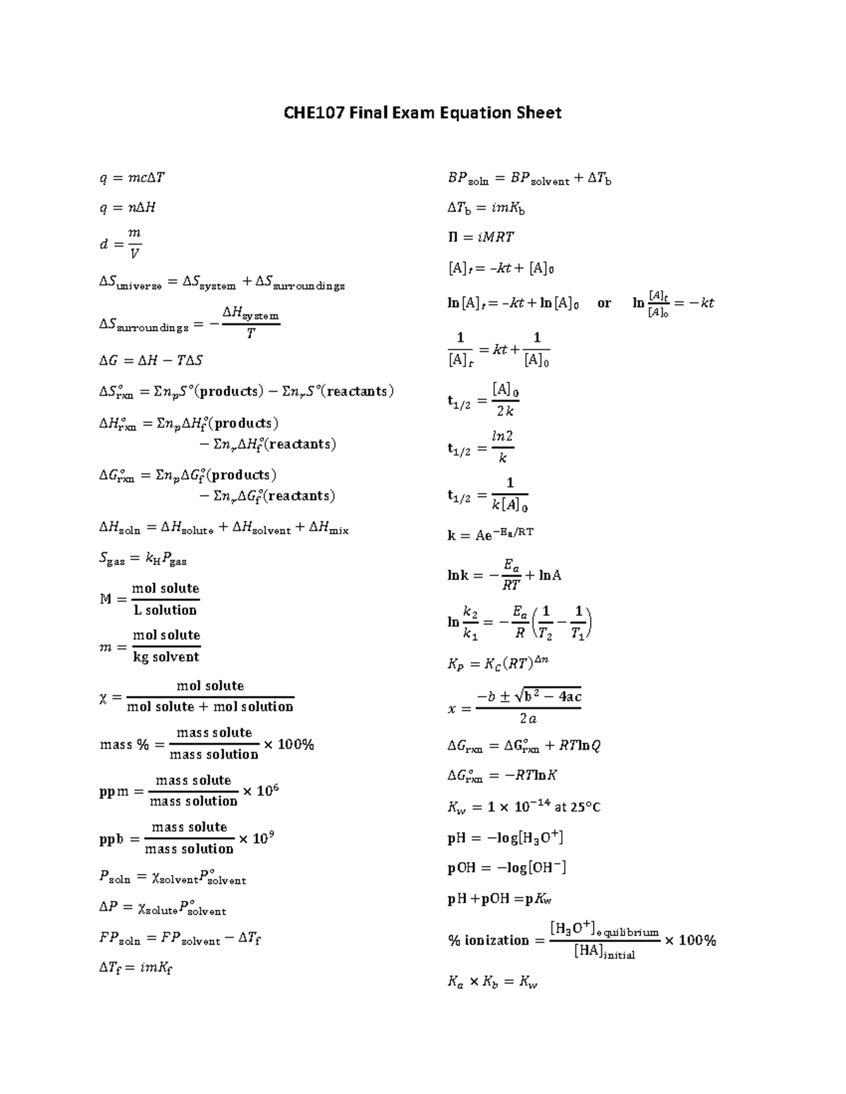 CHE107 Final Exam Equations and Concepts Review Sheet - Studocu