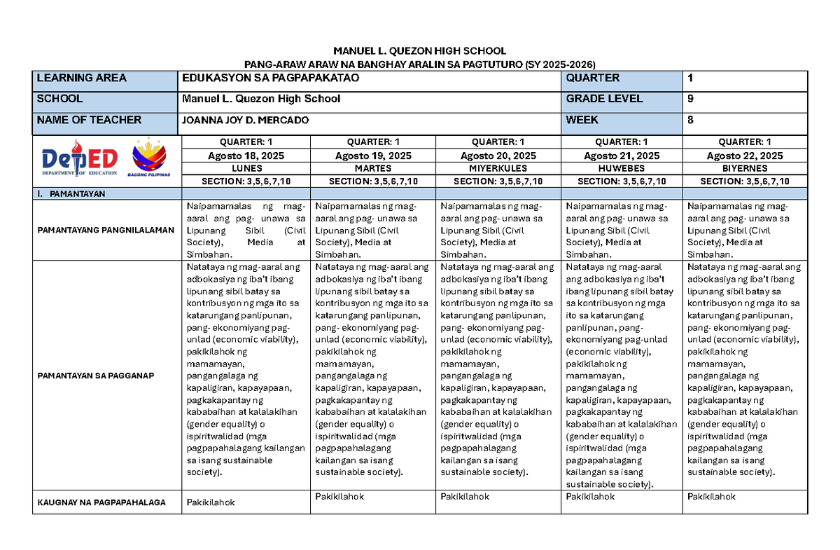 9Q1-WK10 - Lesson Plan on Civil Society and Community Engagement - Studocu
