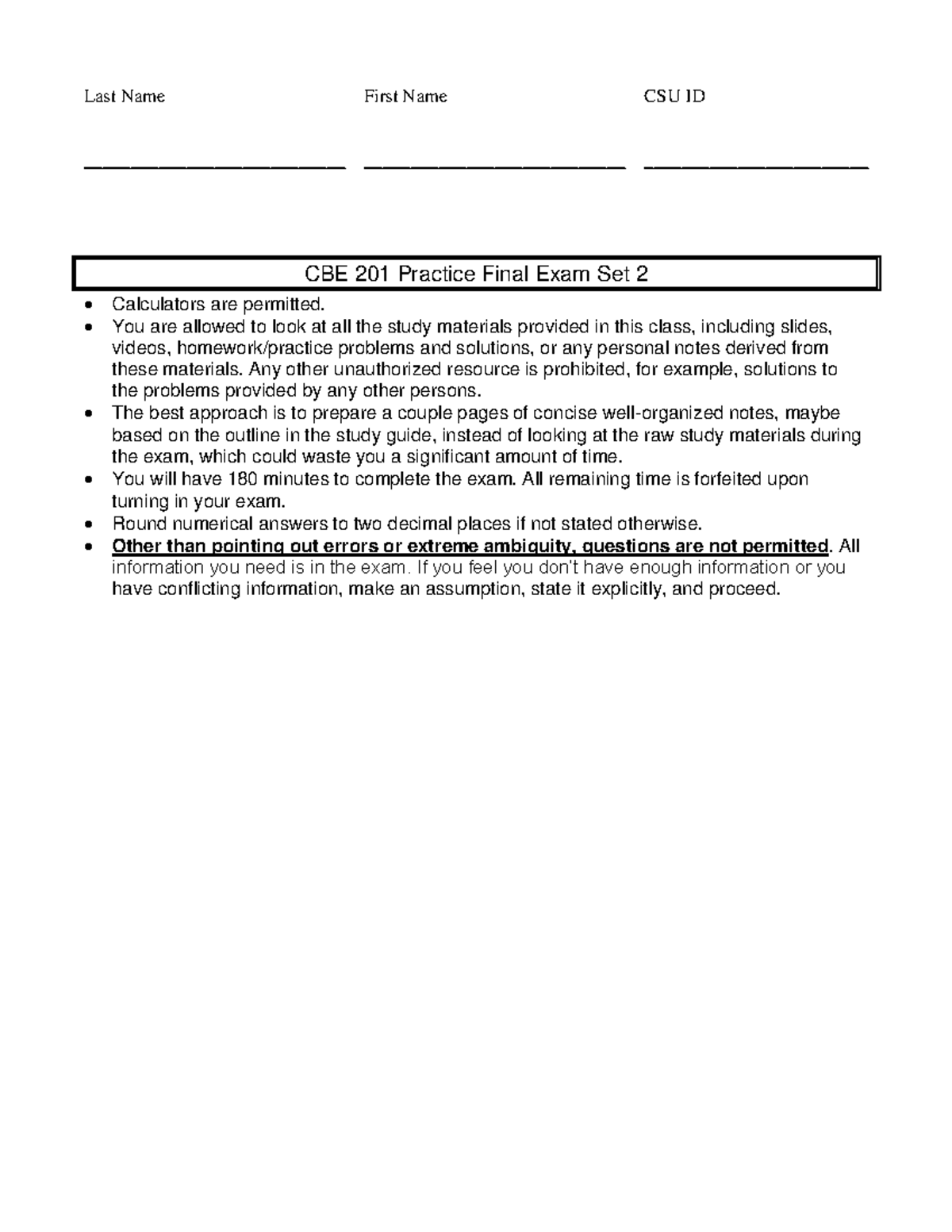 CBE201 Final Exam Practice Problems Set 2 Overview - Studocu