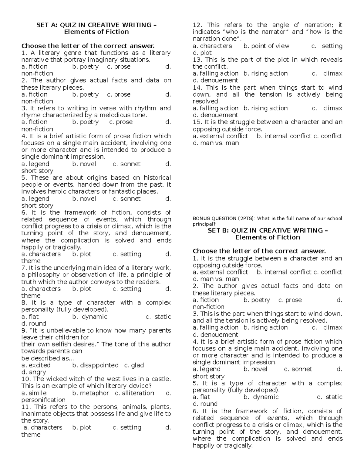 CWQ. elements of fiction - SET A: QUIZ IN CREATIVE WRITING – Elements ...