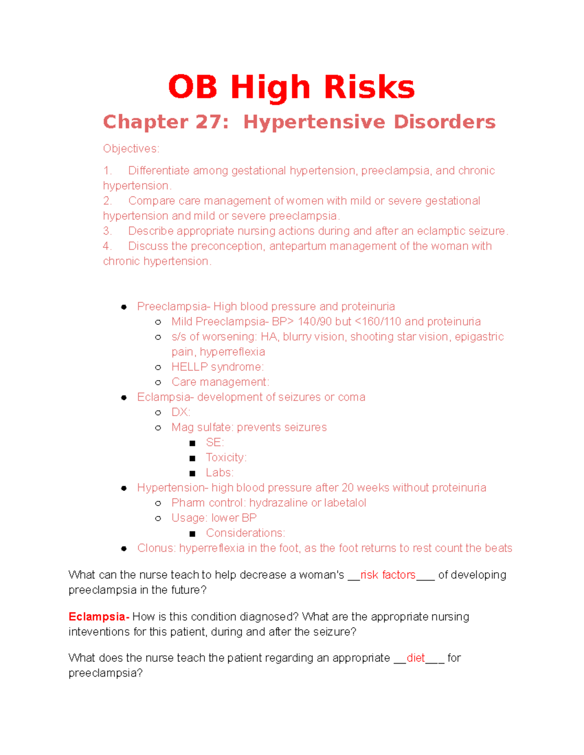 OB High Risk Study Guide: Hypertension, Hemorrhagic & Metabolic ...
