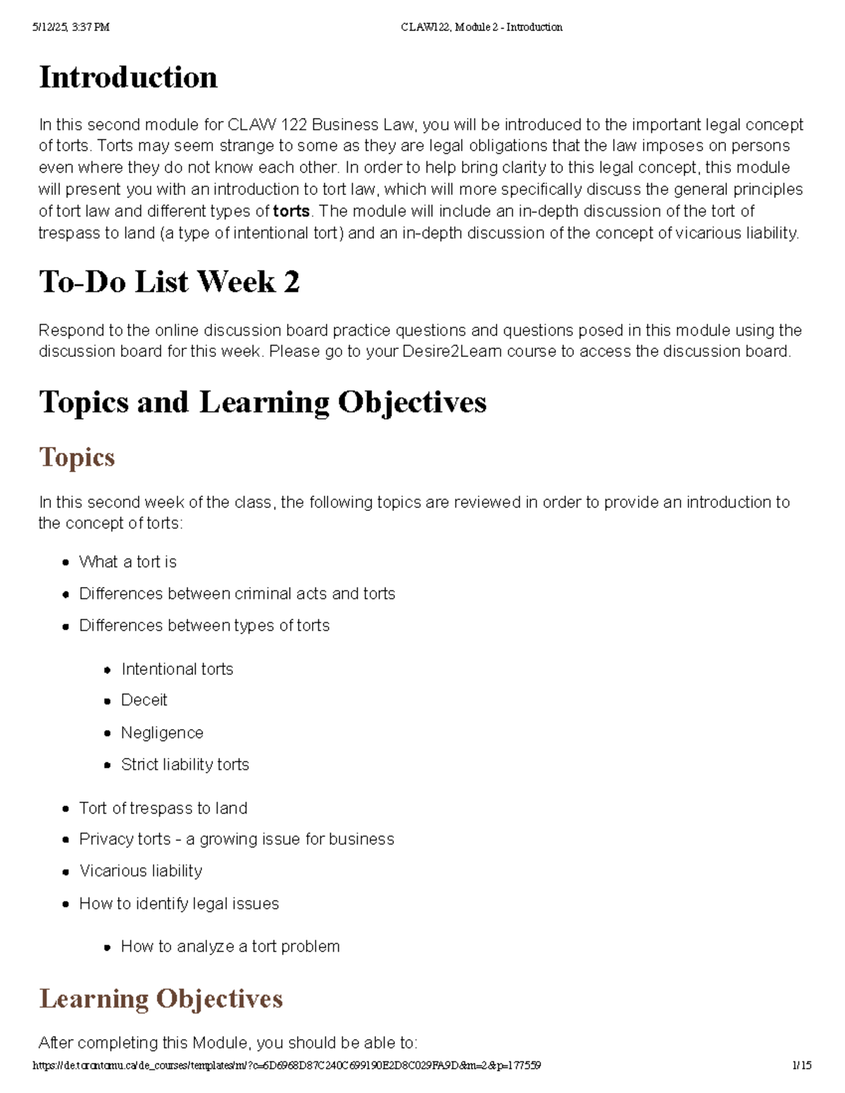 CLAW122: Module 2 - Introduction to Torts and Vicarious Liability - Studocu