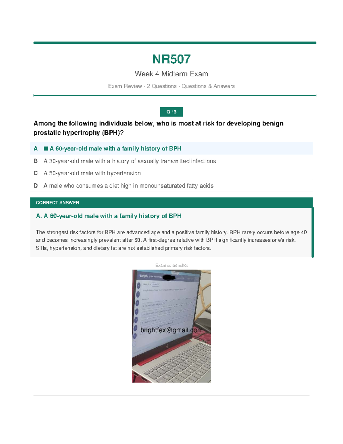 NR507 Week 4 Midterm Exam Review: BPH Risk Factors Explained - Studocu