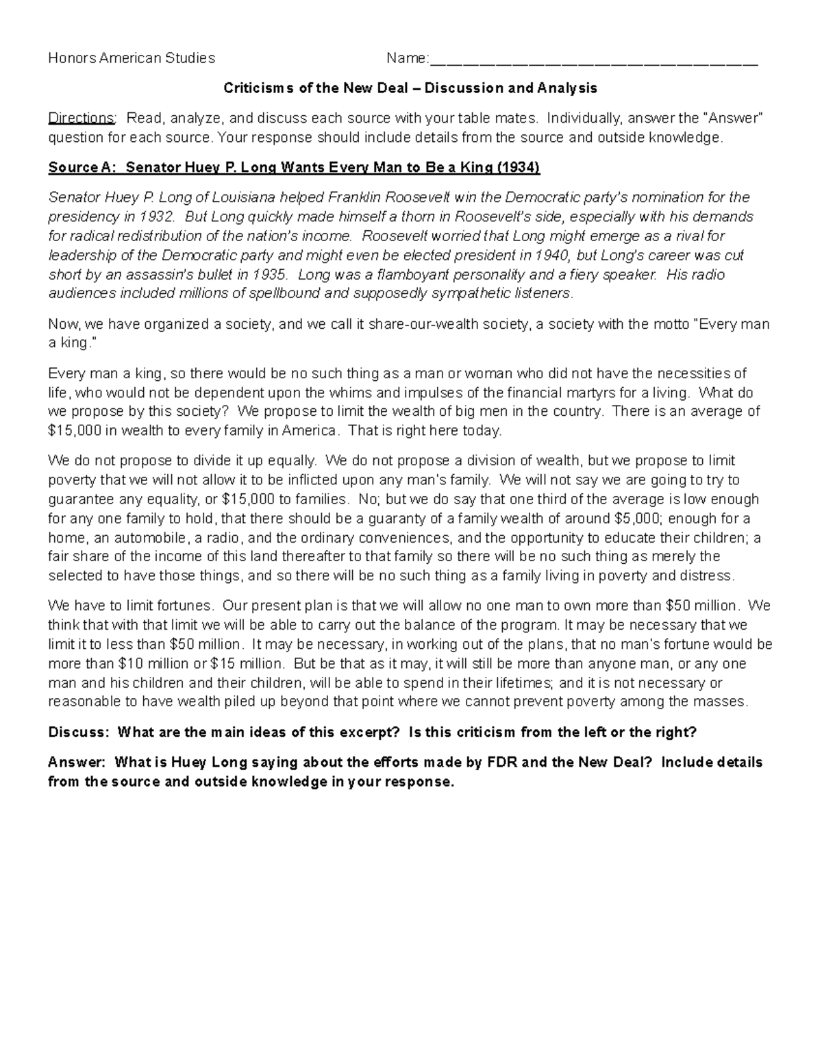 Criticisms of the New Deal: Source Analysis for Honors American Studies ...