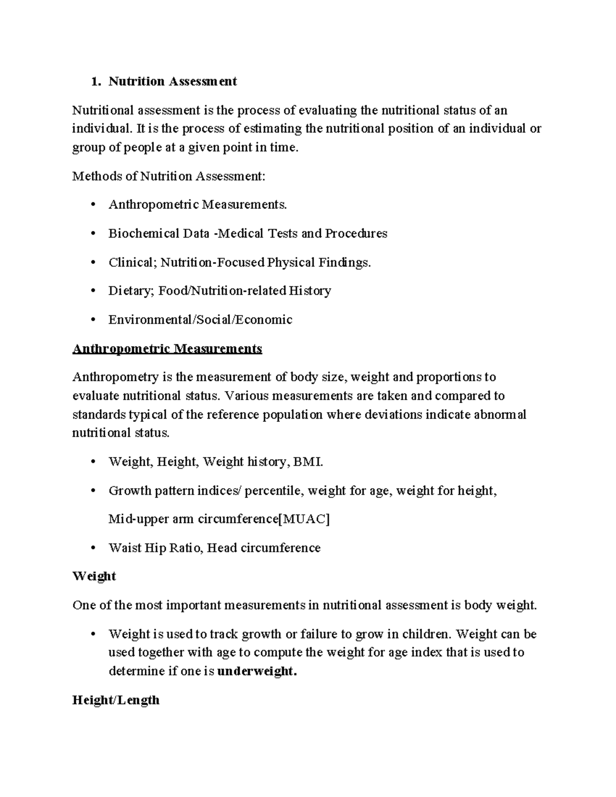 Nutrition Assessment: Methods and Measurements for Evaluation - Studocu