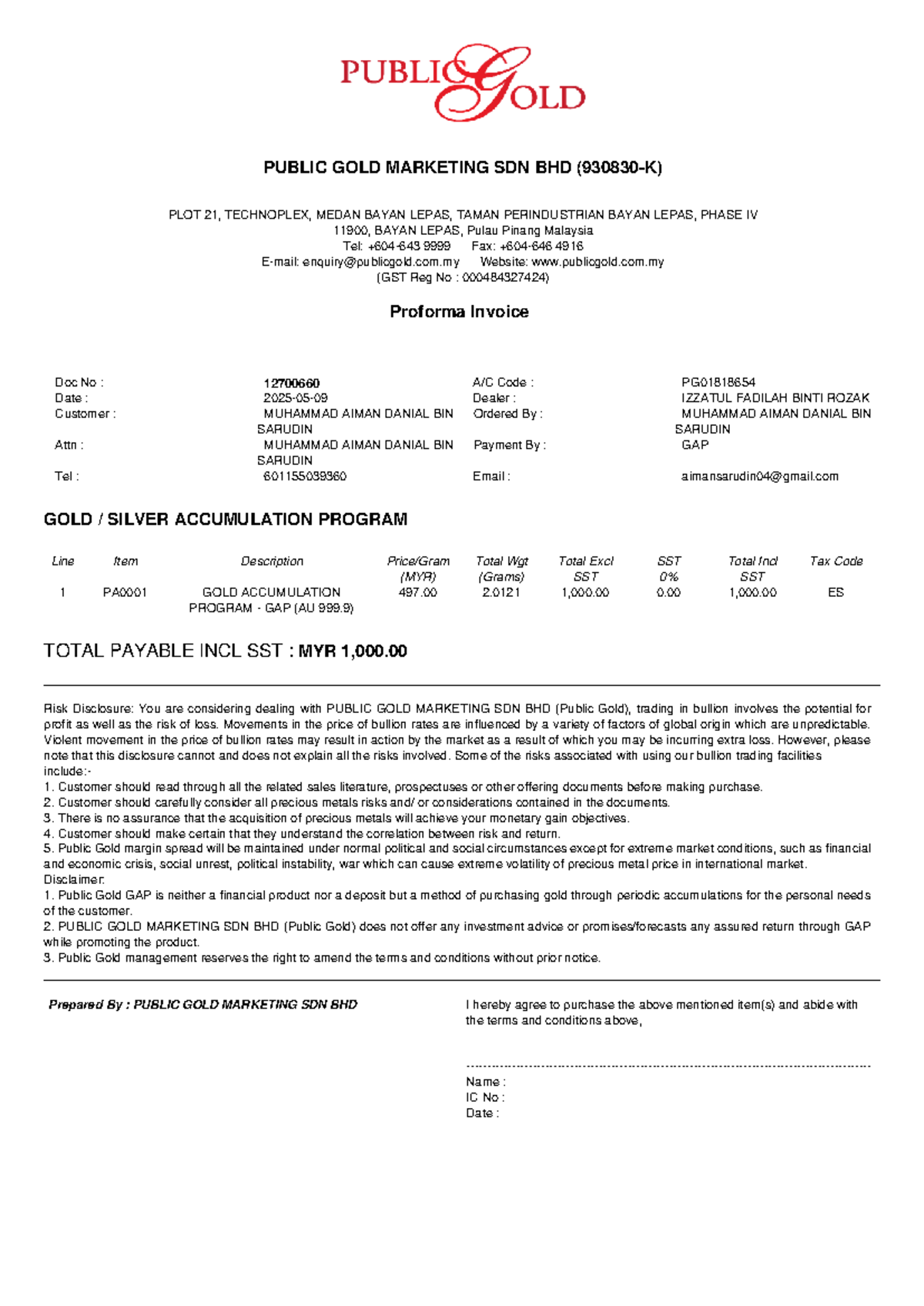 Proforma Invoice for Gold Accumulation Program - PG01818654 - Studocu