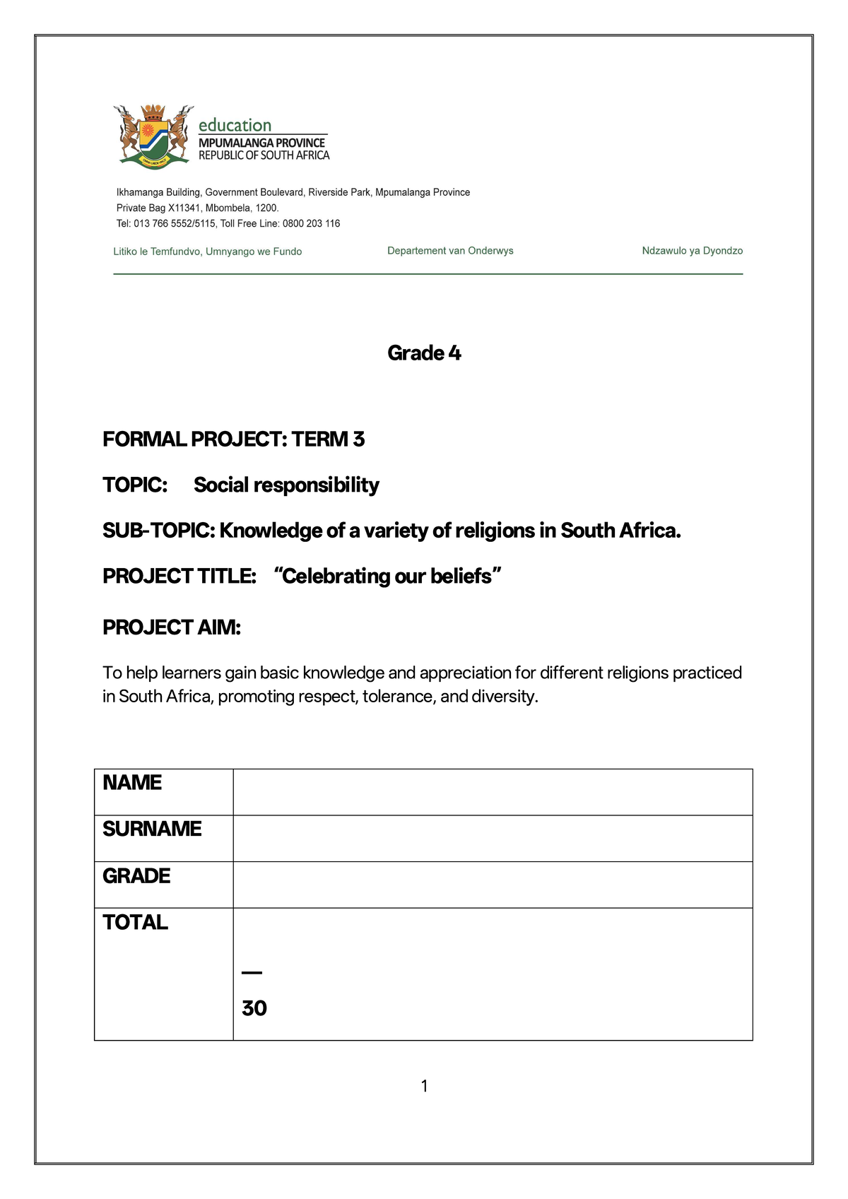 2025 TERM 3 Projects: Social Responsibility & Health (Grade 4, 5 & 6 ...