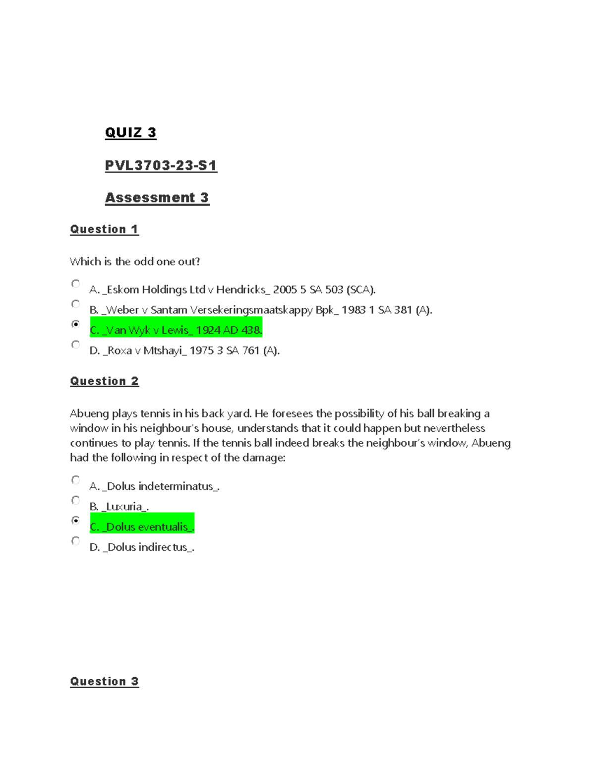 Assignment 3 Feedback QUIZ - 14 QUIZ 3 PVL3703-23-S Assessment 3 ...