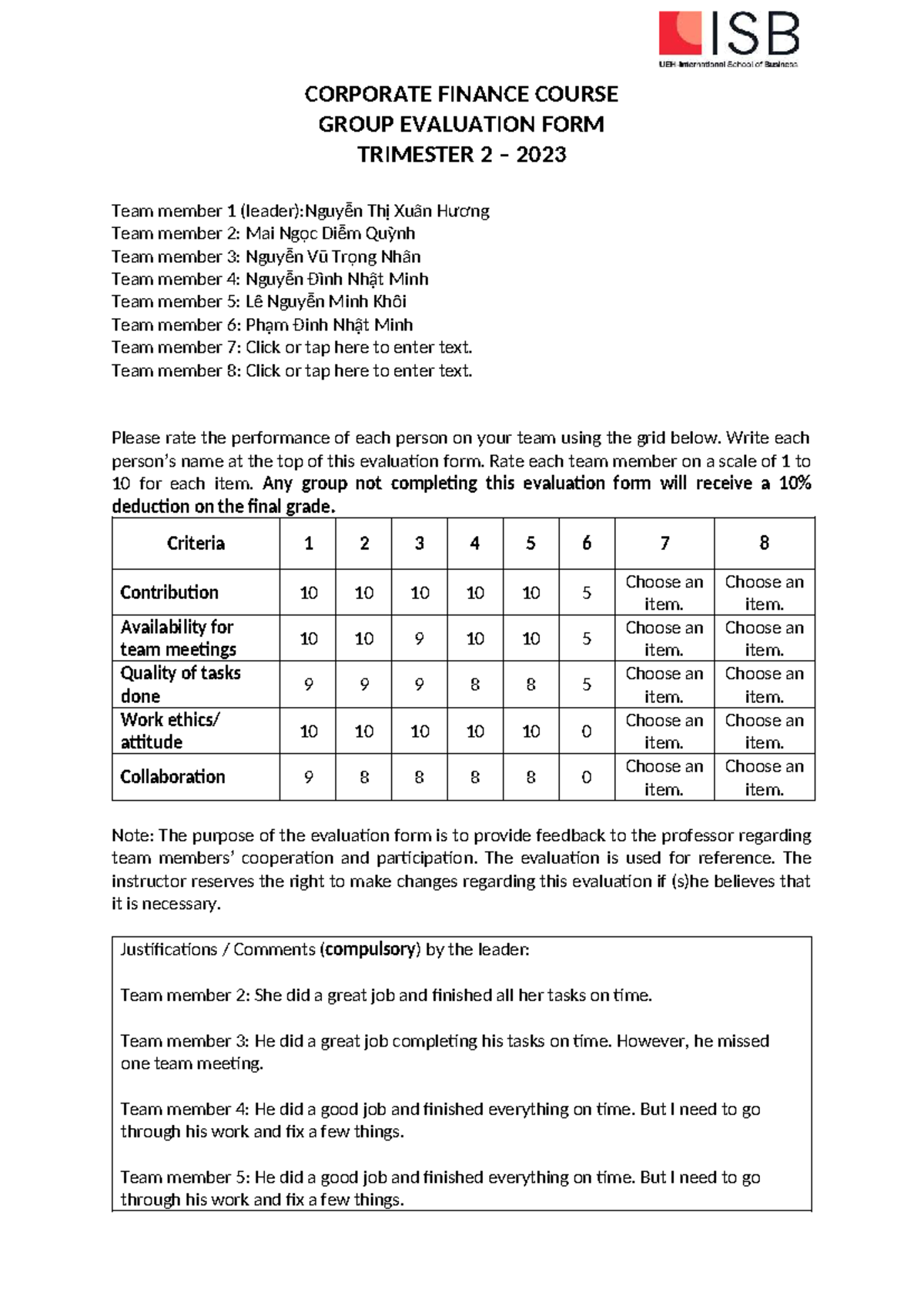 Corporate Finance Course Group Evaluation Form - Group 6 Trimester 2 ...