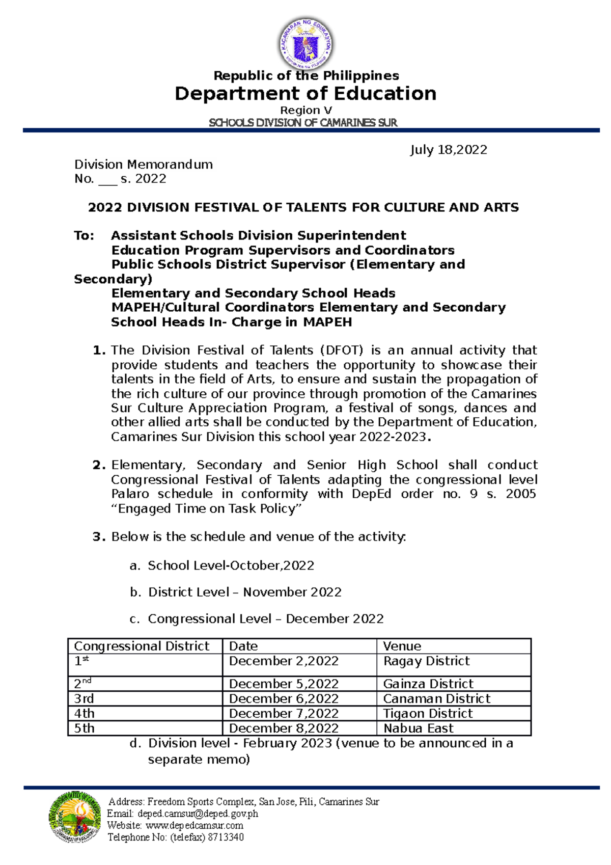Memo 2022 Festival of Talents - Department of Education Region V ...