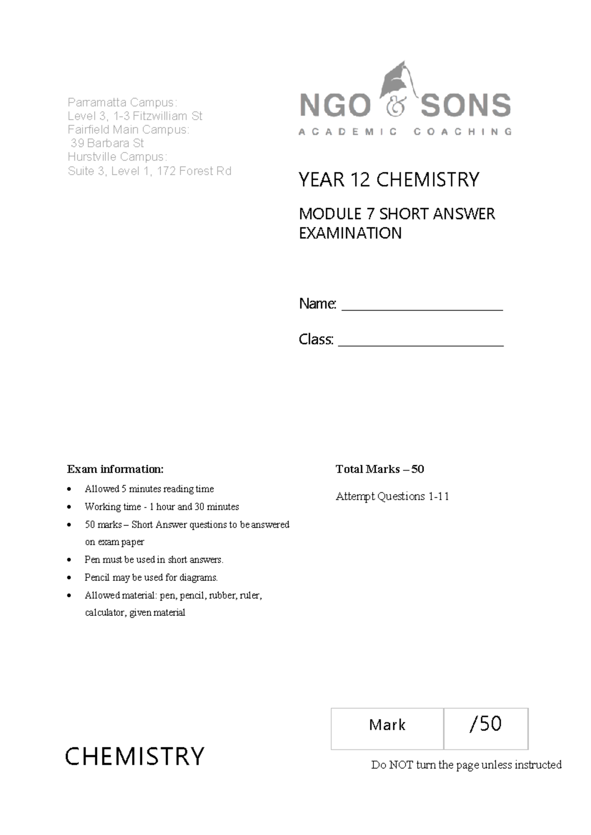 Module 7 - Year 12 Chemistry Short Answer Exam (Total 50 Marks) - Studocu