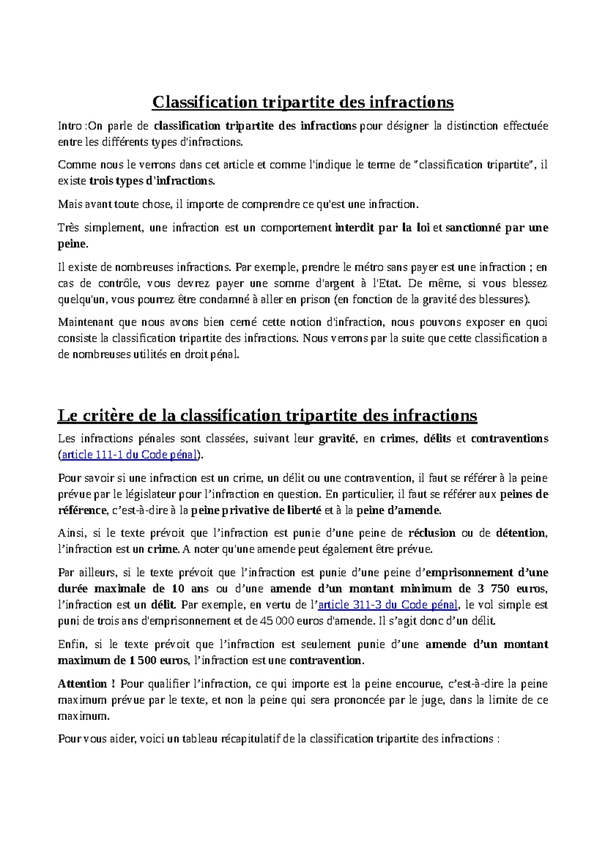 Cours: Classification Tripartite des Infractions en Droit Pénal - Studocu