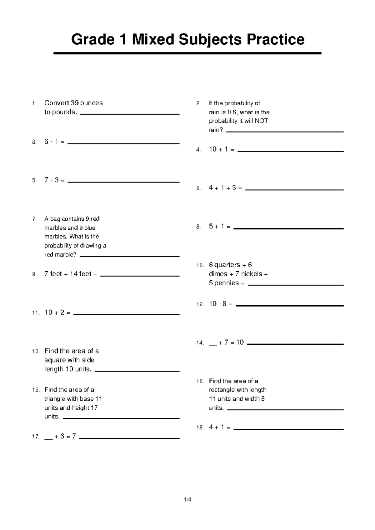 Grade 1 Mixed Subjects Practice 1: Math & Probability Exercises - Studocu