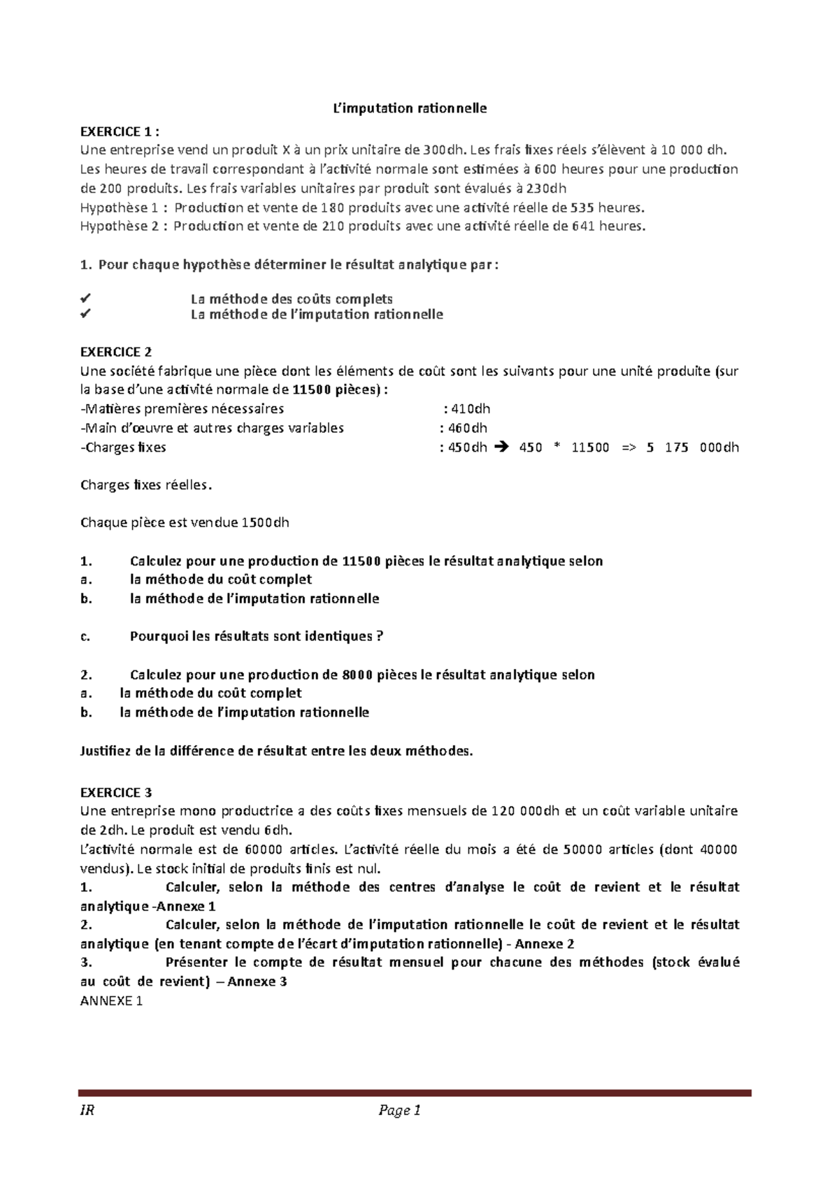 IR Exercices - Imputation Rationnelle et Coût Complet détaillés - Studocu