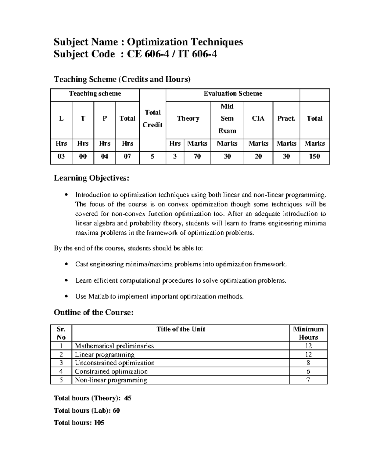CE606-4 Optimization Techniques: Course Outline and Syllabus Guide - Studocu