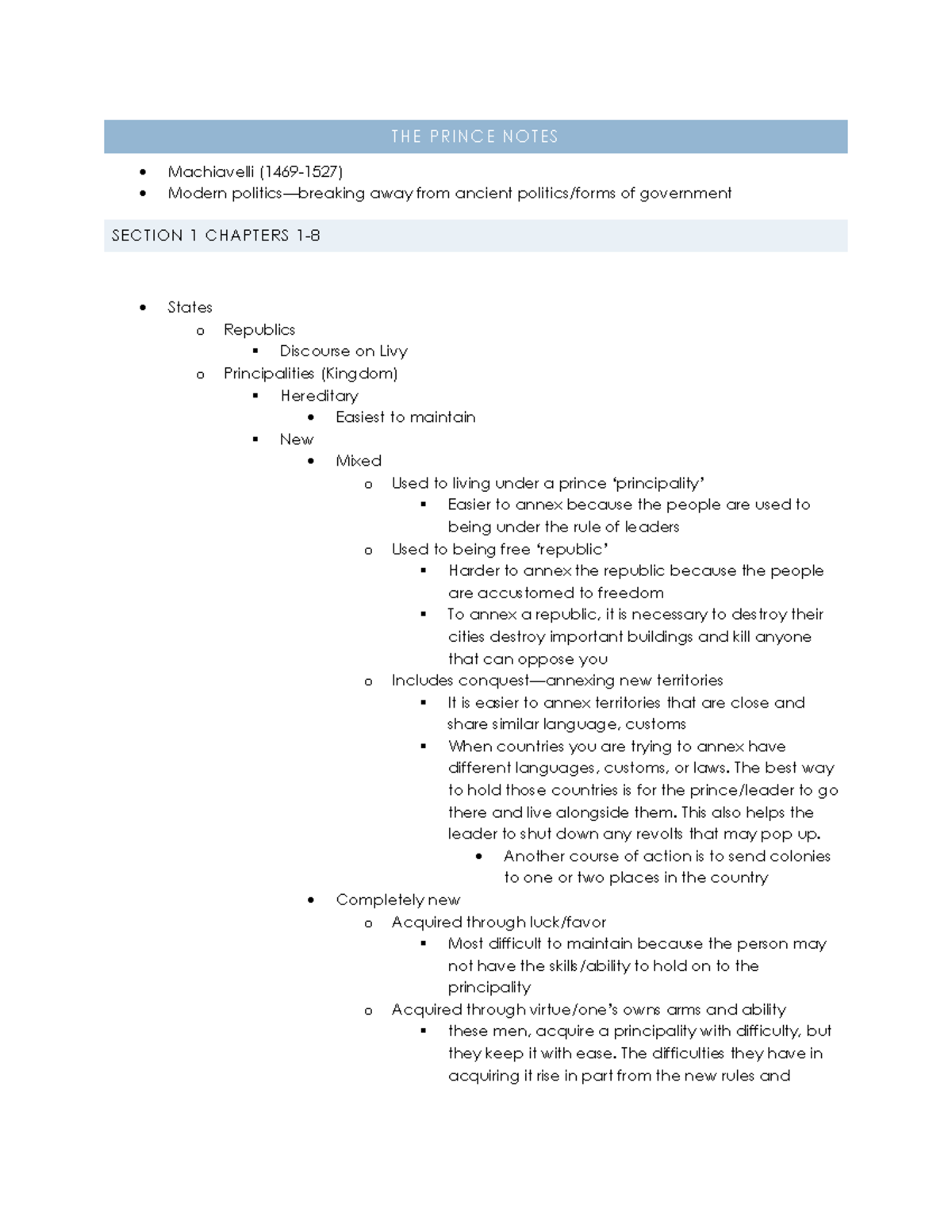 Machiavelli's The Prince Notes: Key Concepts from Chapters 1-10 - Studocu