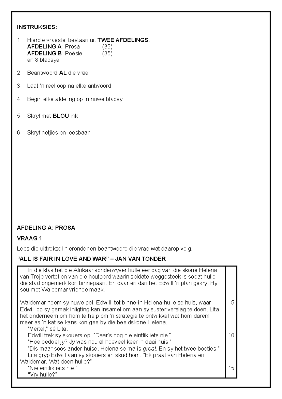 Afrikaans Gr 10: Vraestel 2 - Prosa en Poësie Analise - Studocu