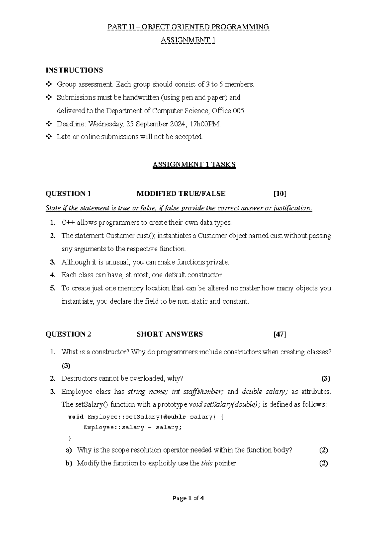 OOP - Assignment 1 - Past Paper Qs and Group Assessment Guide - Studocu