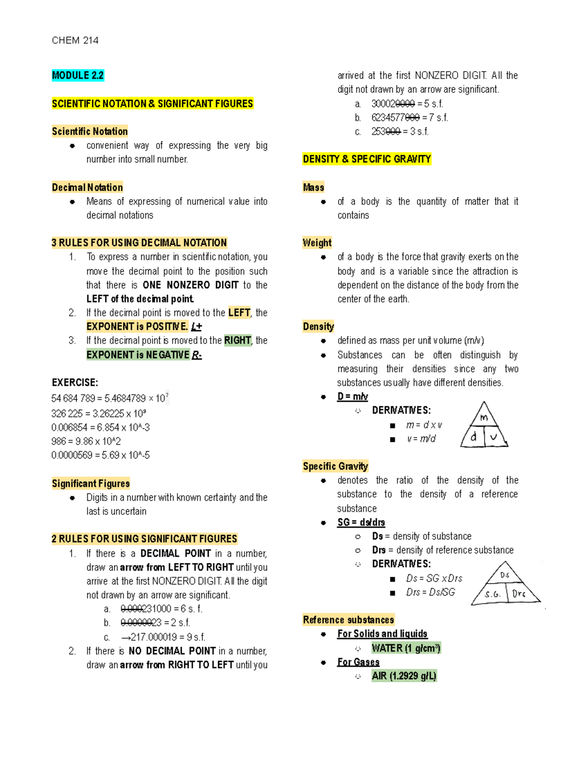 CHEM 214 - Module 2 Lecture Notes: Scientific Notation and Density ...