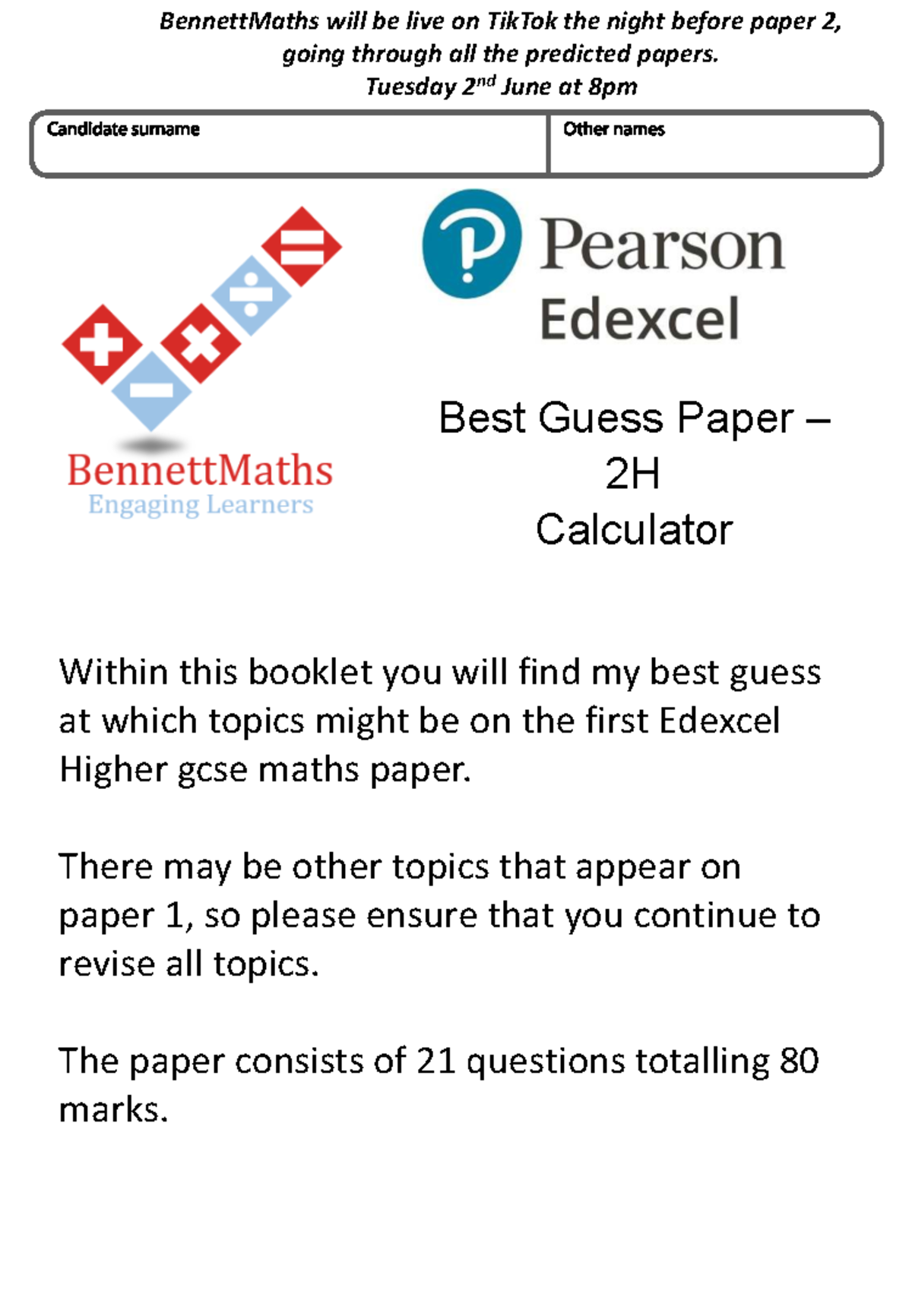 Edexcel 2H Maths Paper 2 Predictions & Live TikTok Review - Studocu