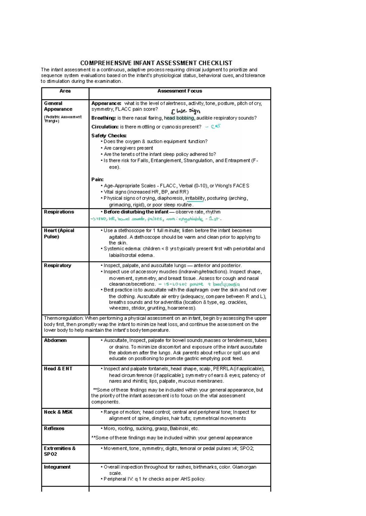 Comprehensive Infant Assessment Checklist: Key Evaluation Points - Studocu