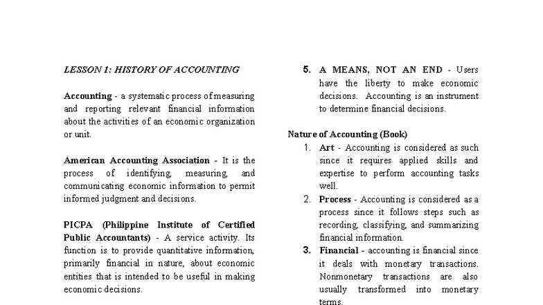 FAR FA LIB Notes: Lesson 1 - History of Accounting - Studocu