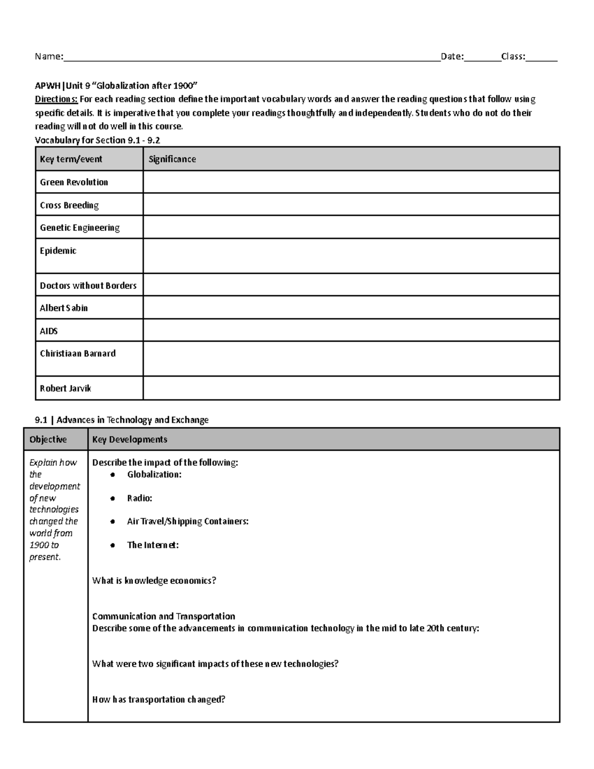 APWH Unit 9: Globalization after 1900 - Vocabulary & Questions - Studocu