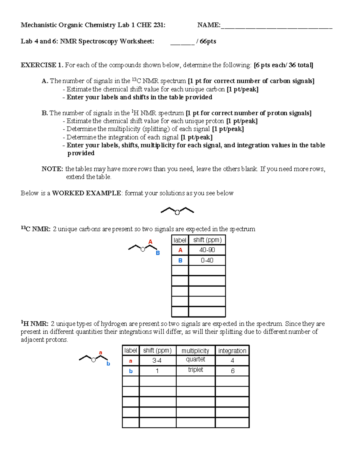 CHE 231: Revised NMR Spectroscopy Lab Worksheet for Exercises 1-3 - Studocu