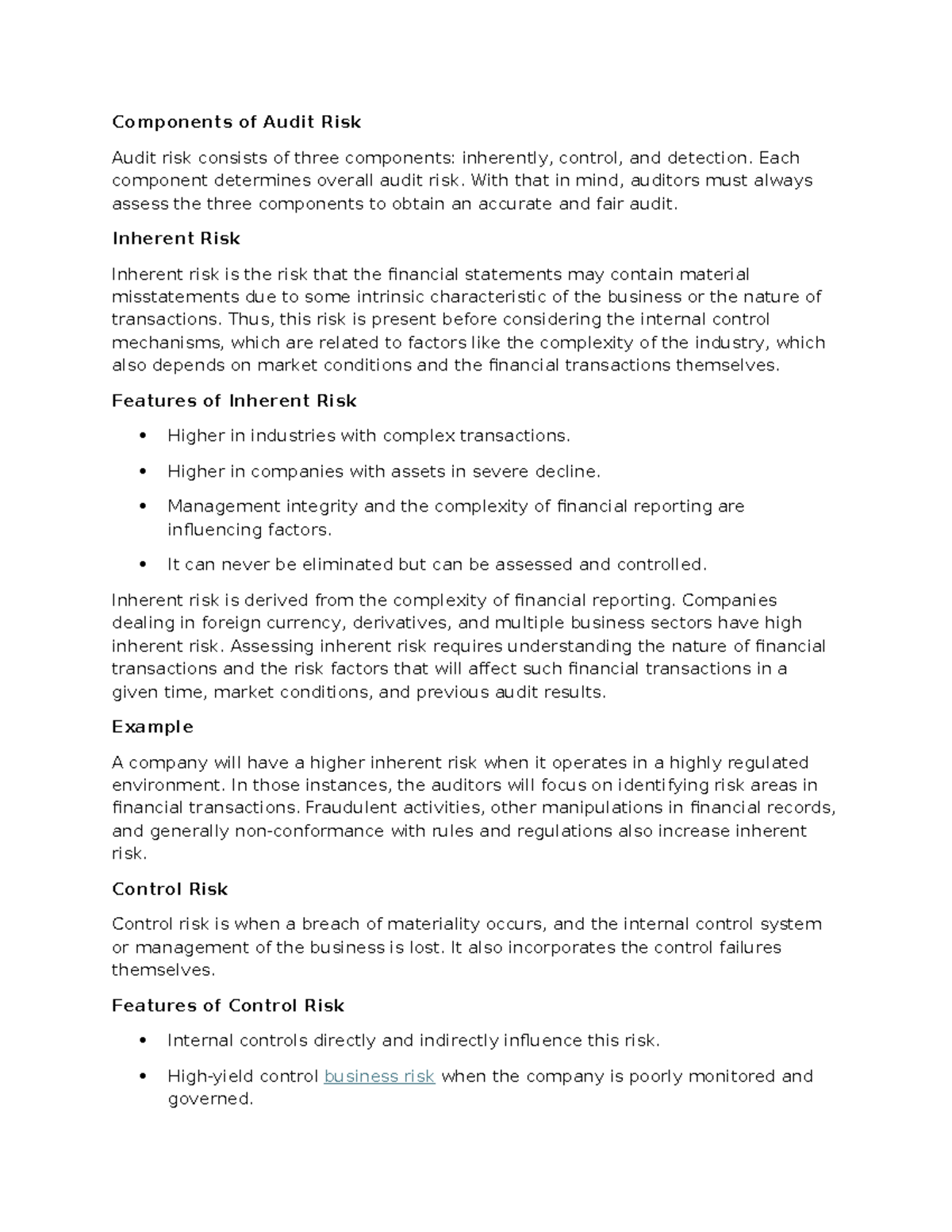 Components of Audit Risk: Inherent, Control, and Detection Risks - Studocu
