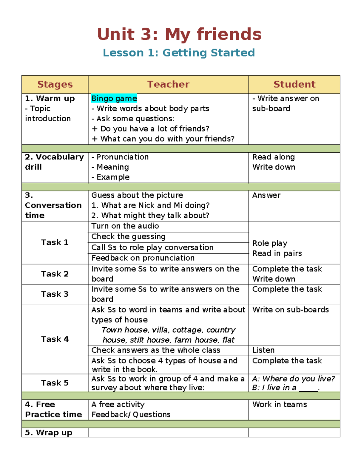 Unit 3: Global Success 6 - Lesson Plans and Activities Overview - Studocu