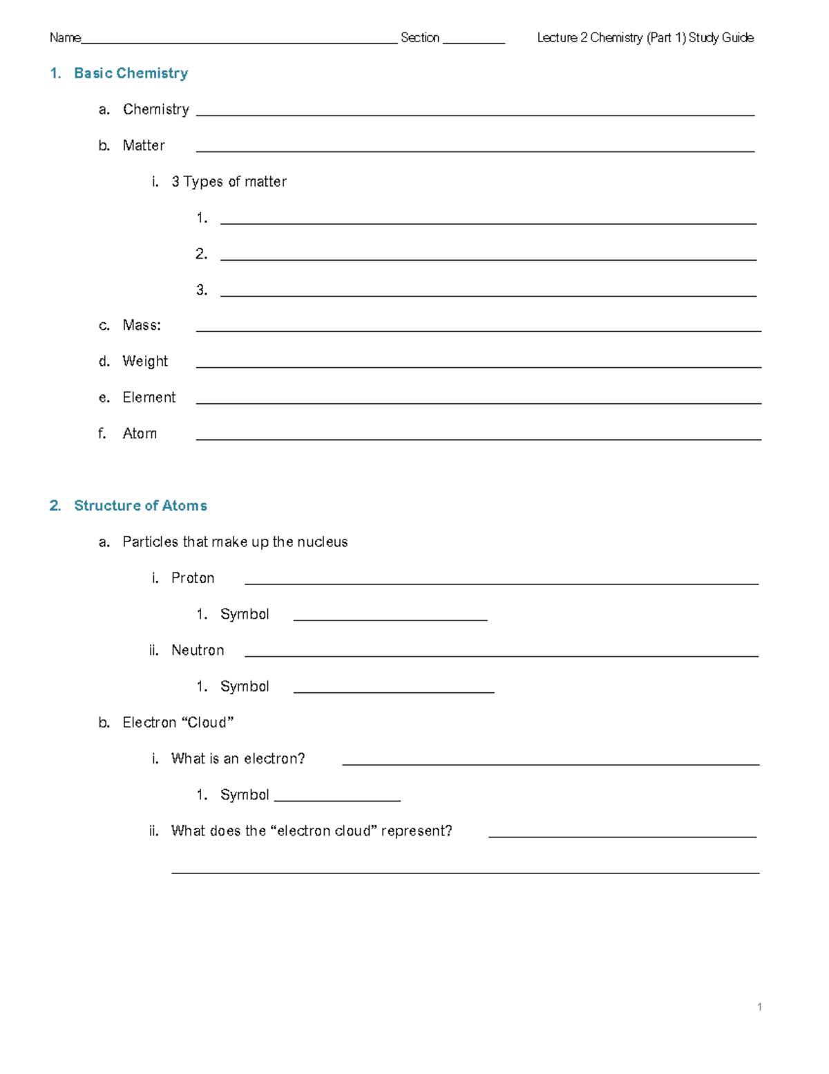 Chemistry 2 Study Guide: Concepts of Atoms and Chemical Bonds - Basic ...