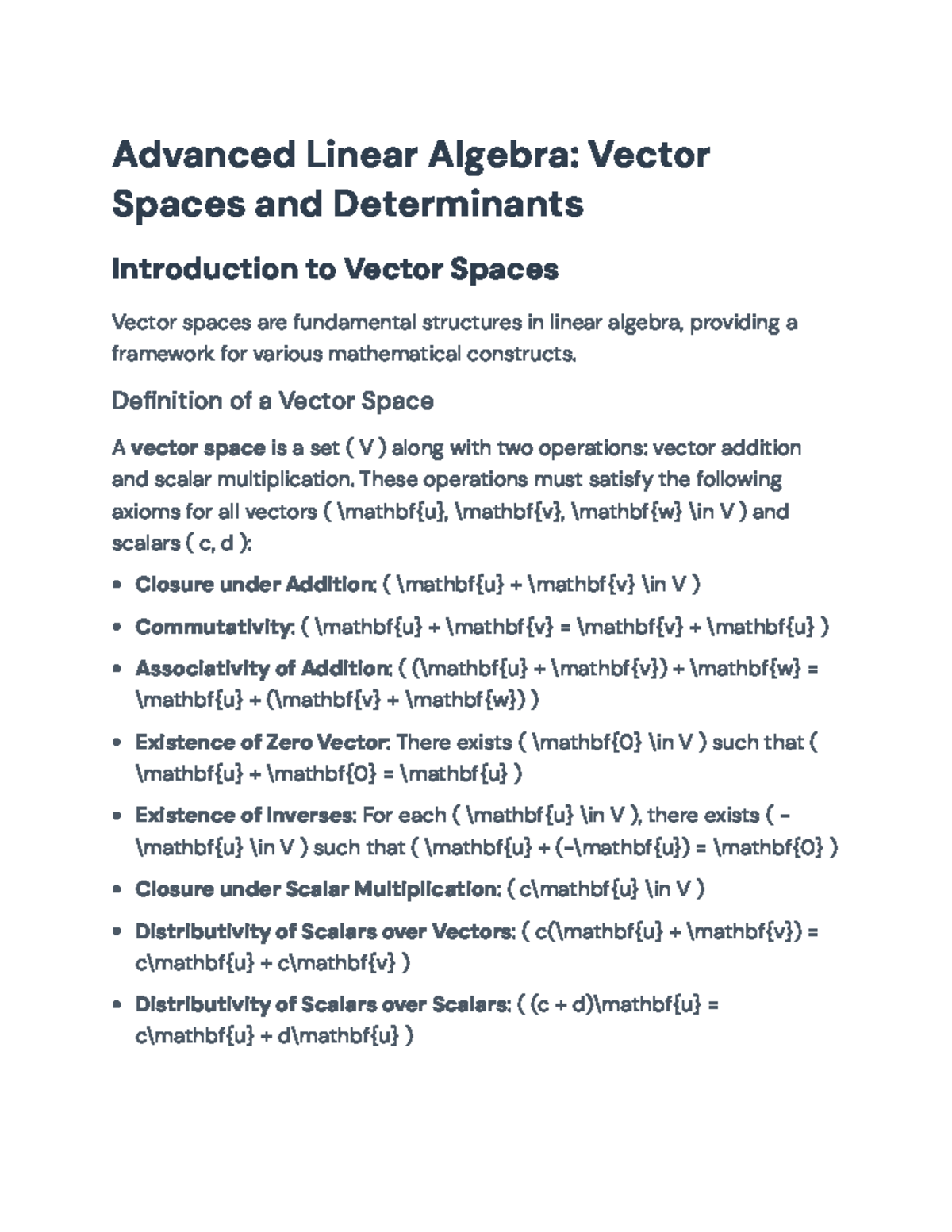 Advanced Linear Algebra: Vector Spaces and Determinants Concepts ...