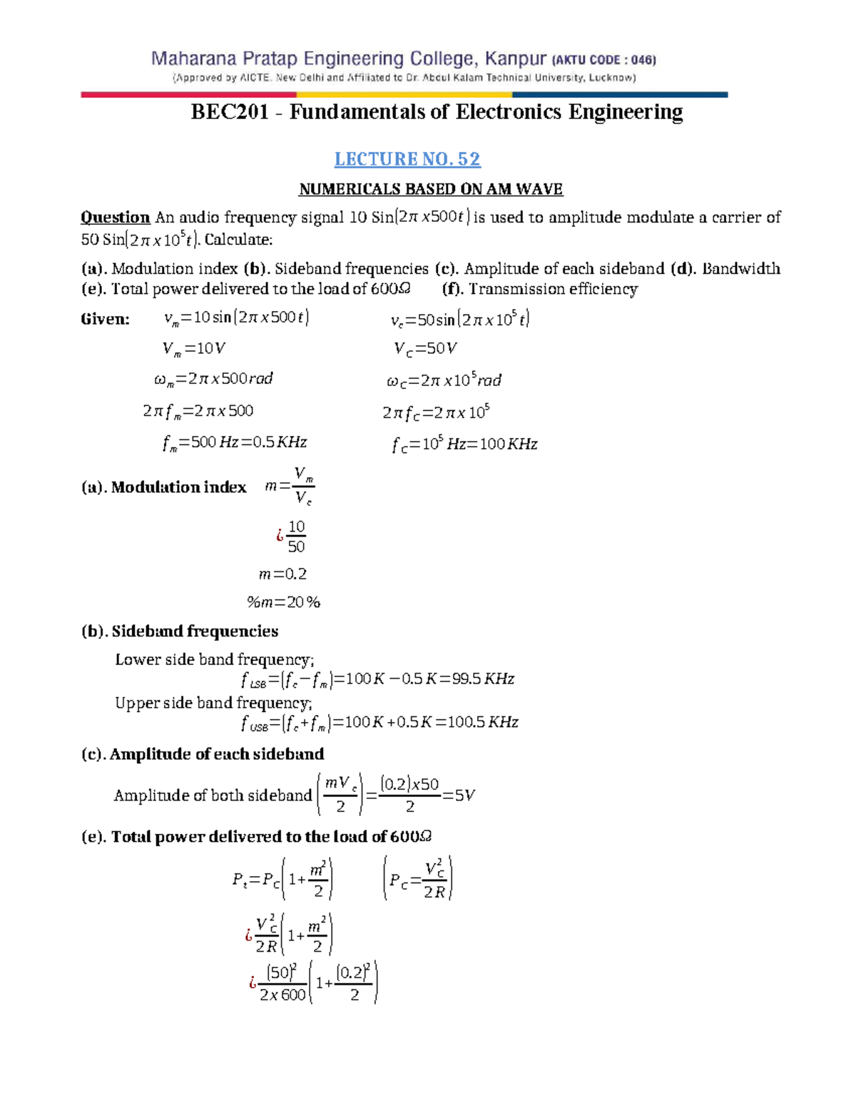 BEC201 Fundamentals of Electronics Engineering LECTURE 52: AM Wave ...