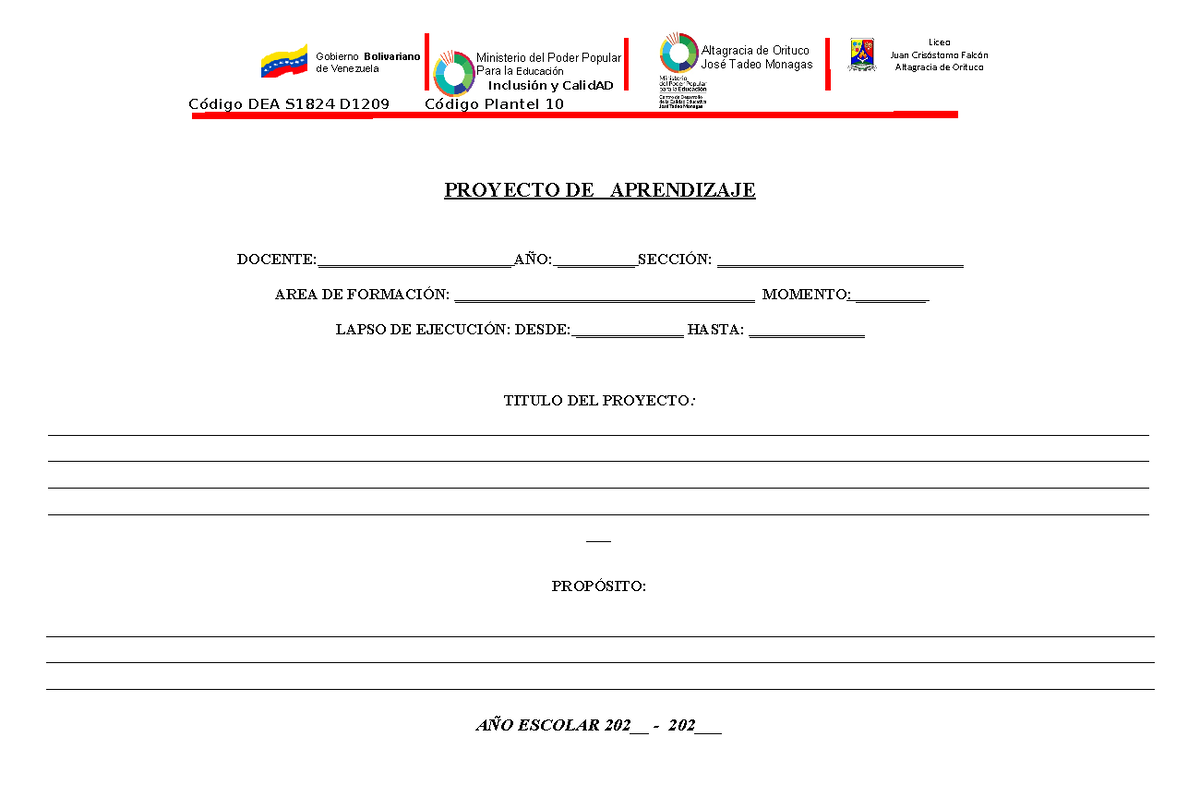 Planificación del Proyecto de Aprendizaje - Código DEA S1824 D1209 ...